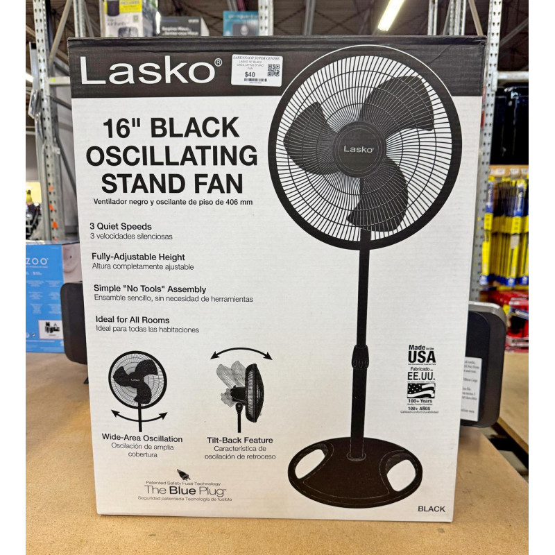 Laskso 16" Black Oscillating Stand Fan